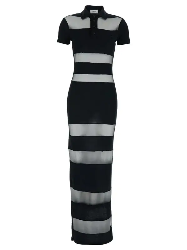 Coperni Black Long Dress With Logo Embroidery On The Front And All-over Stripes In Cotton Blend - Multicolor
