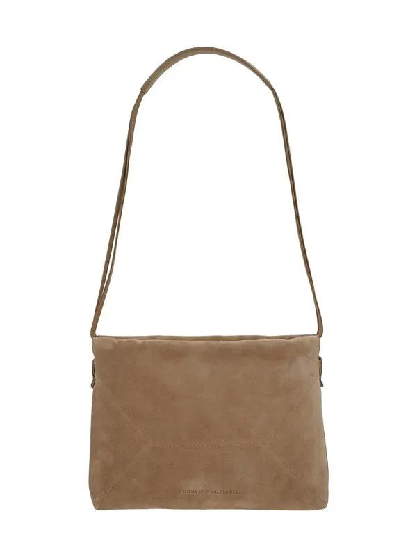 Brunello Cucinelli Suede Shoulder Bag With Logo On The Front - Cream