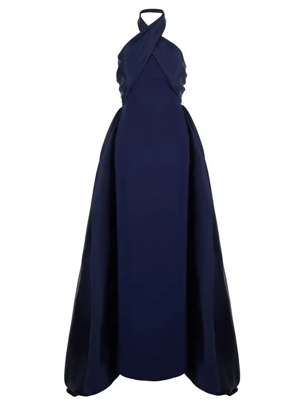 Solace London Rumi' Blue Long Dress With Crossed Halterneck And Single Slit On The Back In Tech Fabric - Multicolor