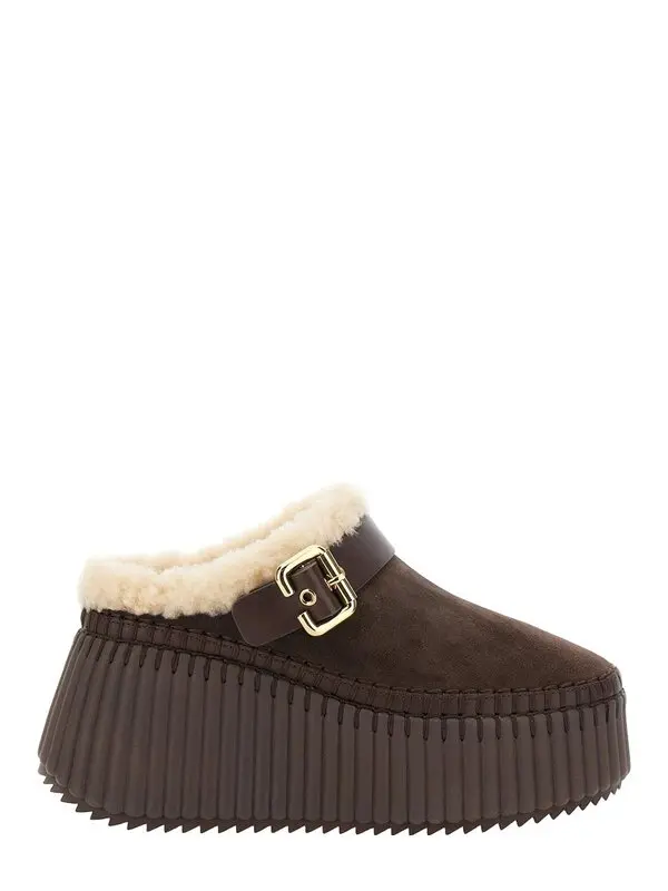 Chloé Brown Fur-lined Mules With Buckled Strap In Suede For - Multicolor