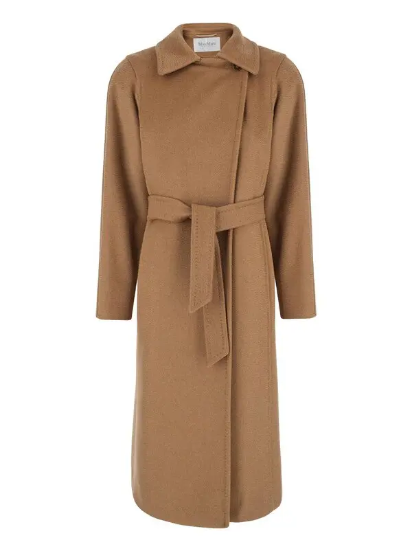 Max Mara Beige Coat With Off-center Closure And Belt In Blend Wool - Multicolor