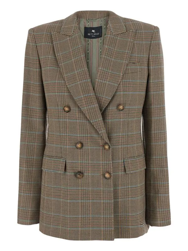 Etro Beige Double-breasted Jacket With Peak Lapels And Check Motif In Wool Blend For - Multicolor