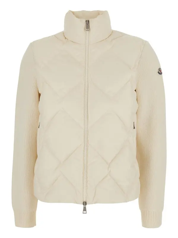 Moncler White Cardigan With High Collar And Logo Patch On The Sleeve In Tech Fabric And Cotton - Multicolor