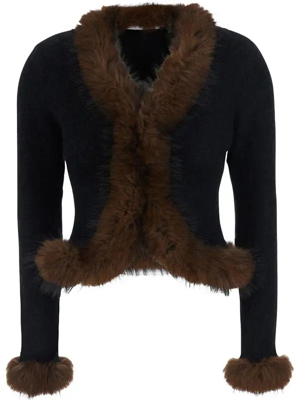 SELF-PORTRAIT Black Cardigan With Eco Fur In Cotton Blend For - Multicolor