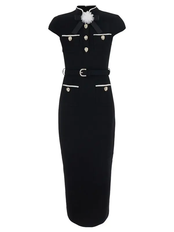 SELF-PORTRAIT Black Long Dress With Bow On The Front And Belt In Wool For - Multicolor