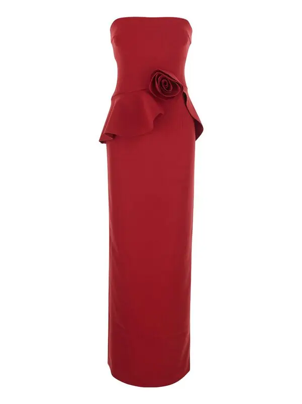 ROTATE BY BIRGER CHRISTENSEN Red Long Sleeveless Dress With Floral Detail On The Front In Tech Fabric - Multicolor