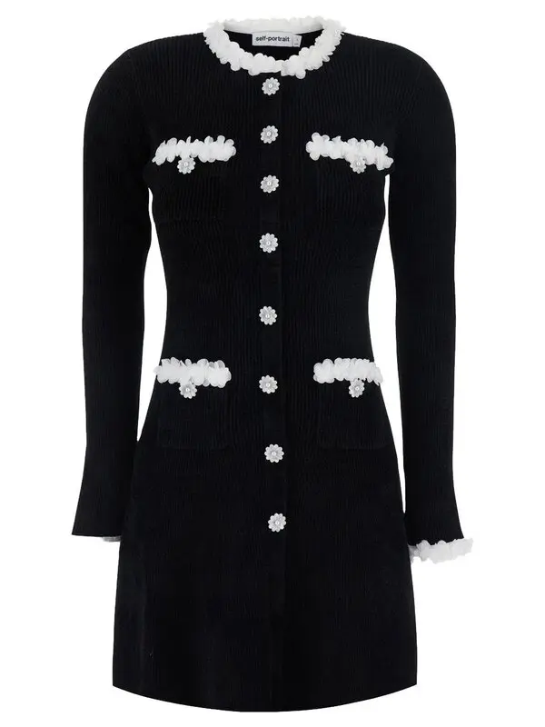 SELF-PORTRAIT Black Mini Dress With Floral Decorations In Blend Viscose - Multicolor