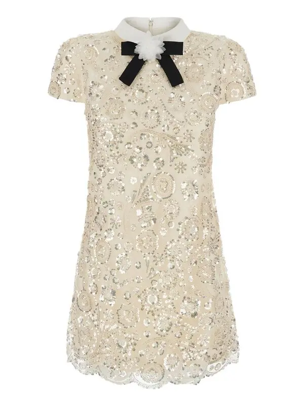 SELF-PORTRAIT Beige Mini Dress With Bow On The Front And All-over Sequin Embroidery In Tech Fabric For - Multicolor