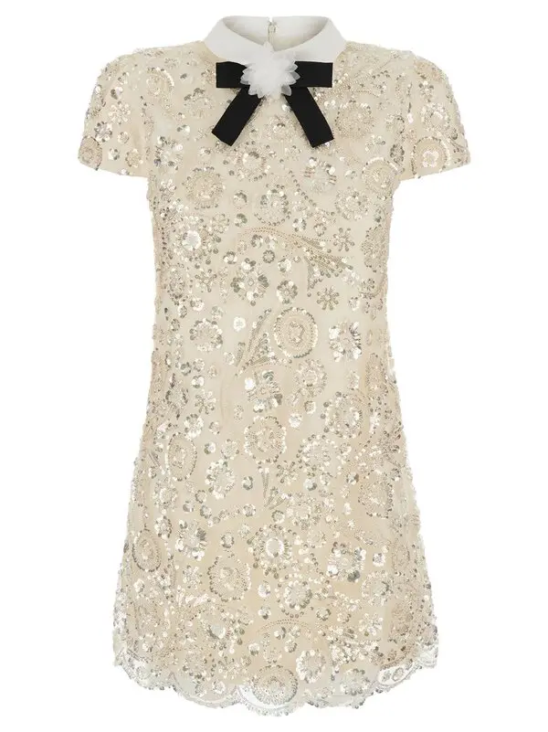SELF-PORTRAIT Beige Mini Dress With Bow On The Front And All-over Sequin Embroidery In Tech Fabric For - Multicolor