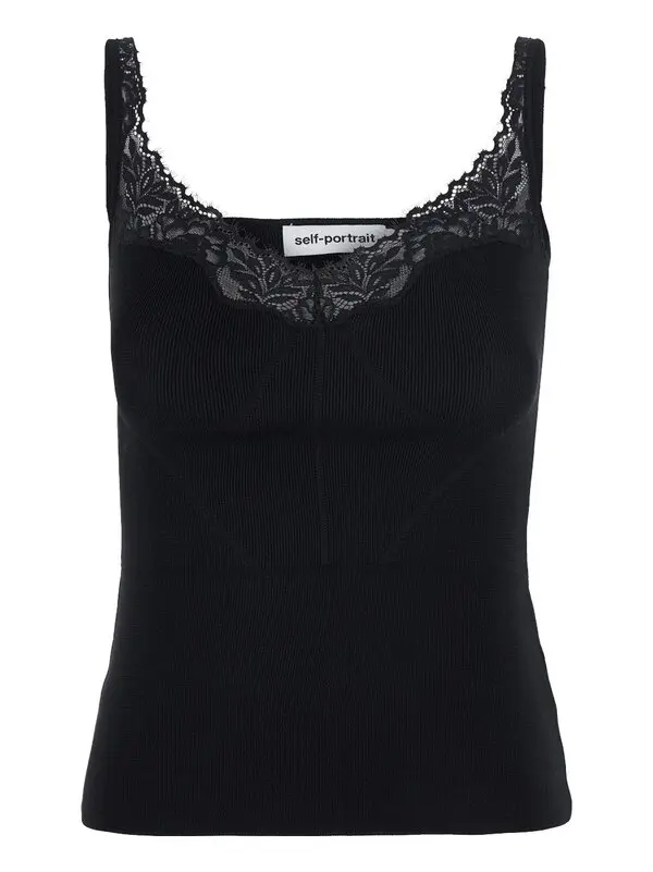 SELF-PORTRAIT Black Sleeveless Top With Lace Embroidery In Cotton Blend For - Multicolor