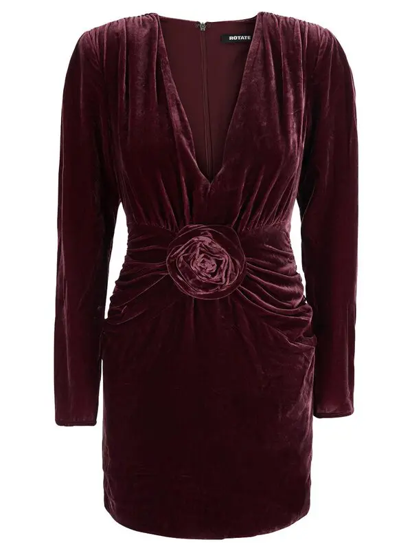 ROTATE BY BIRGER CHRISTENSEN Bordeaux Mini Dress With V-neck And Floral Detail On The Front In Velvet For - Multicolor