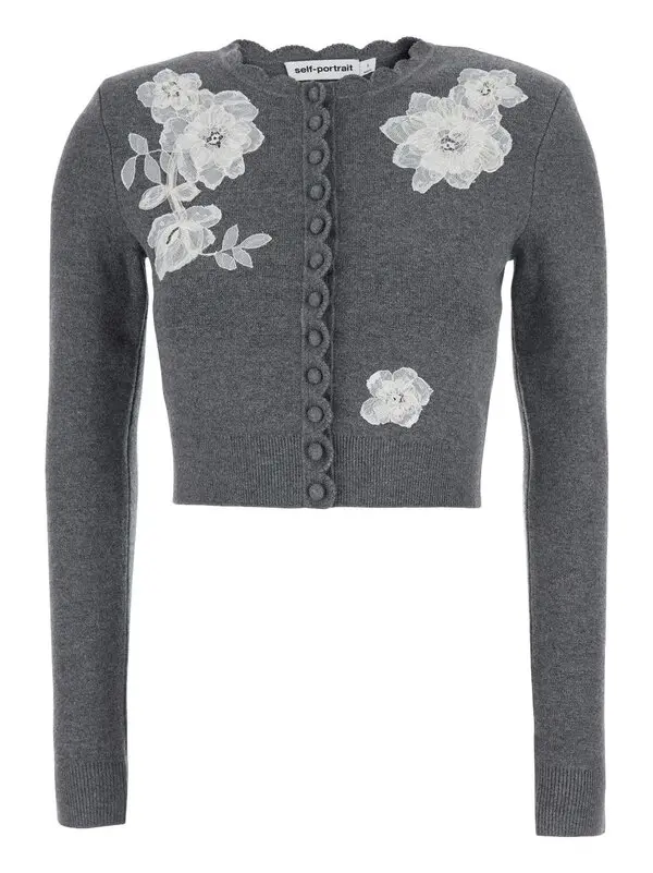 SELF-PORTRAIT Grey Cardigan With Embroidered Floral Lace Details In Wool For - Multicolor