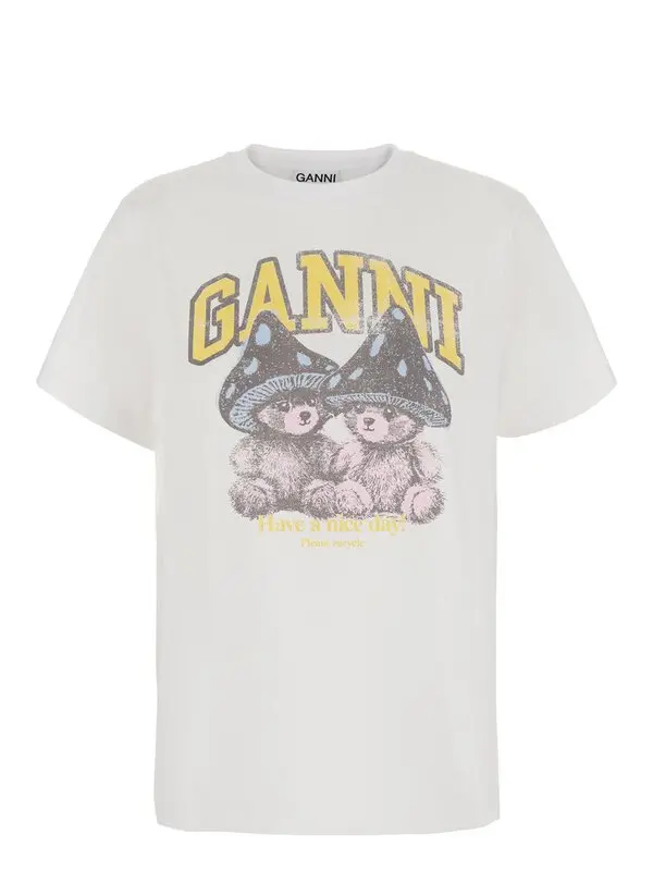 GANNI White Round Neck T-shirt With Maxi Print On The Front In Cotton For - Multicolor