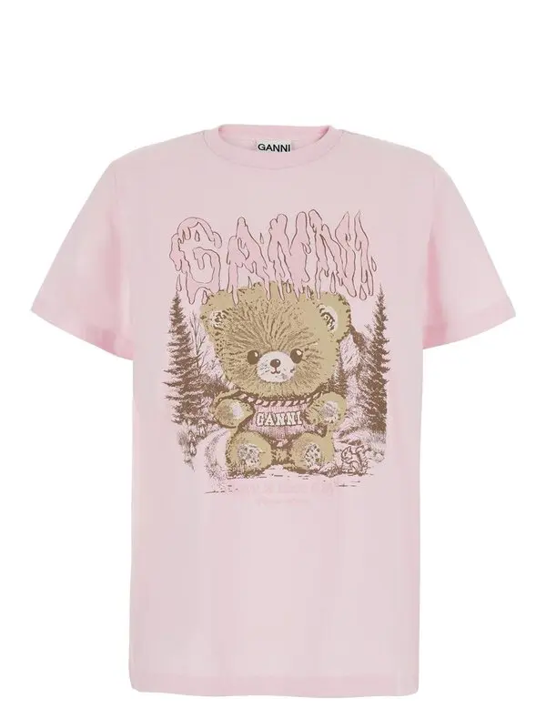 GANNI Pink Round Neck T-shirt With Maxi Print On The Front In Cotton For - Multicolor