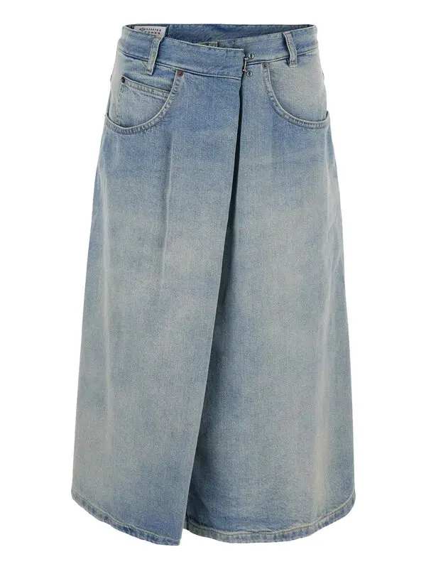 MAISON MARGIELA Blue Midi Skirt With Single Front Slit And Faded Design In Denim For - Multicolor