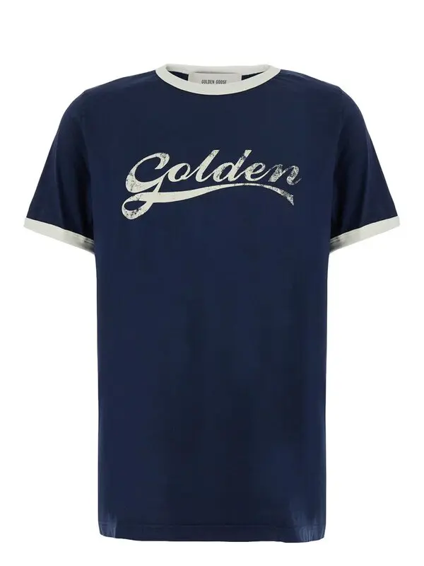 GOLDEN GOOSE Blue Crew Neck T-shirt With Logo Lettering On The Front In Cotton For - Multicolor