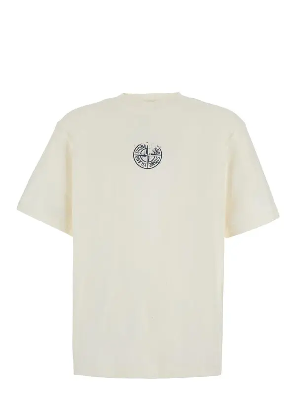 Stone Island Beige Crew Neck T-shirt With Logo On The Front And Maxi Logo Print On The Back In Cotton For - Cream