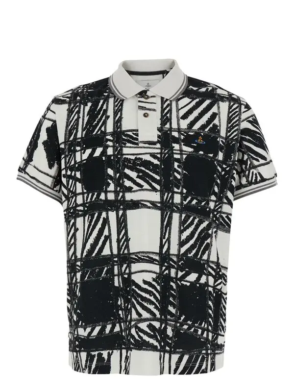 VIVIENNE WESTWOOD And White Polo Shirt With All-over Print And Embroidered Logo In Cotton For - Black