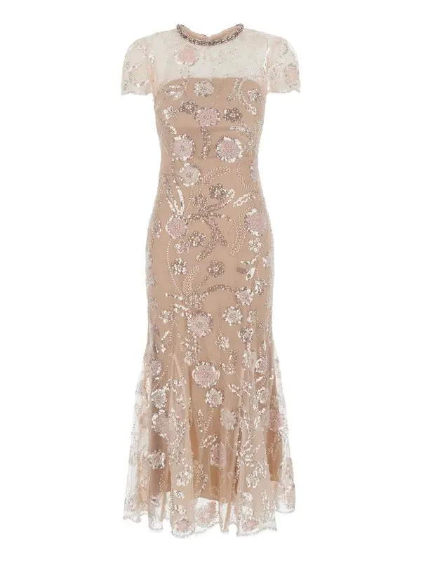 SELF-PORTRAIT Pink Long Dress With All-over Sequins In Fabric - Multicolor