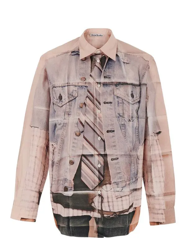 Acne Studios Pink Shirt With Classic Collar And Trompe L'oeil Print In Cotton For - Multicolor