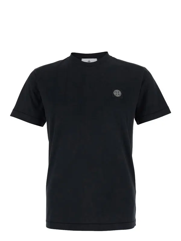 Stone Island Crew Neck T-shirt With Logo Patch On The Front In Cotton For - Black
