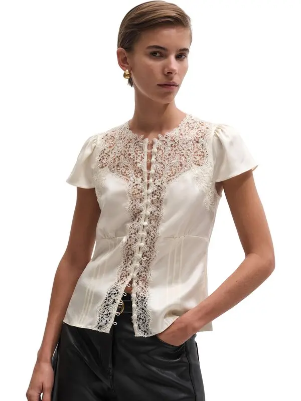 ME+EM Silk Satin And Lace Cap Sleeve Top - Light Cream
