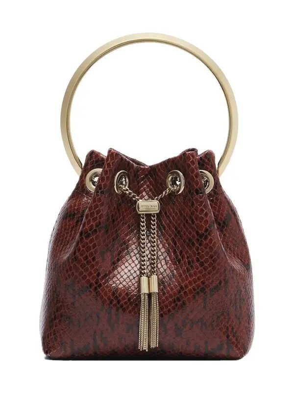 JIMMY CHOO Bon Bon Snake-effect Leather Bucket Bag - Brown