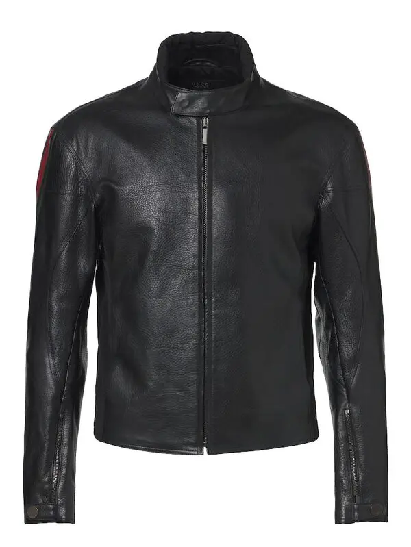 Gucci Web Stripe Leather Biker Jacket - Black