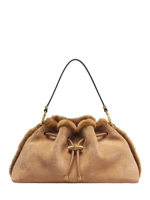 JIMMY CHOO Cinch Medium Suede Shoulder Bag - Beige