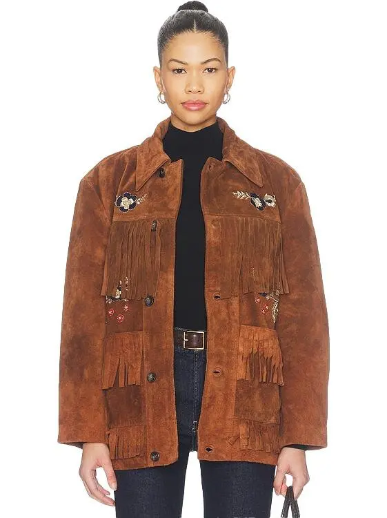 FOUND Hand Embroidered Suede Fringe Jacket - Brown