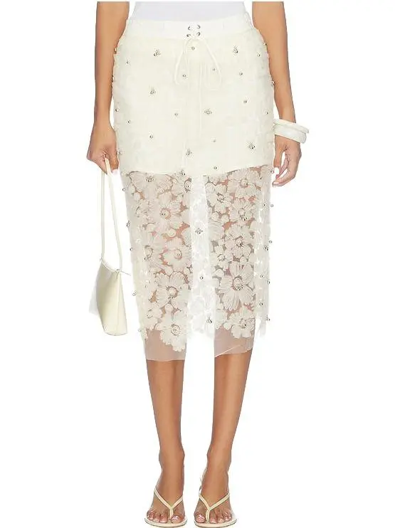 SIEDRES Siam Sheer Floral Applique Midi Skirt In Cream - Ecru
