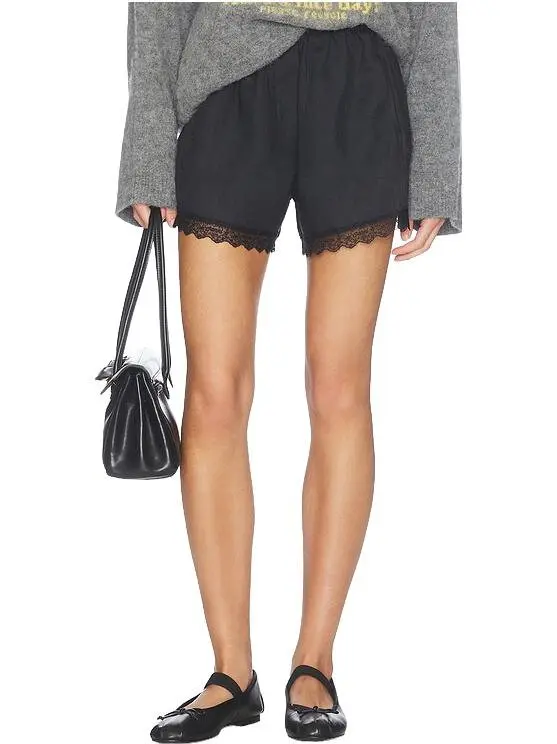 GANNI Light Linen Lace Hem Shorts - Black
