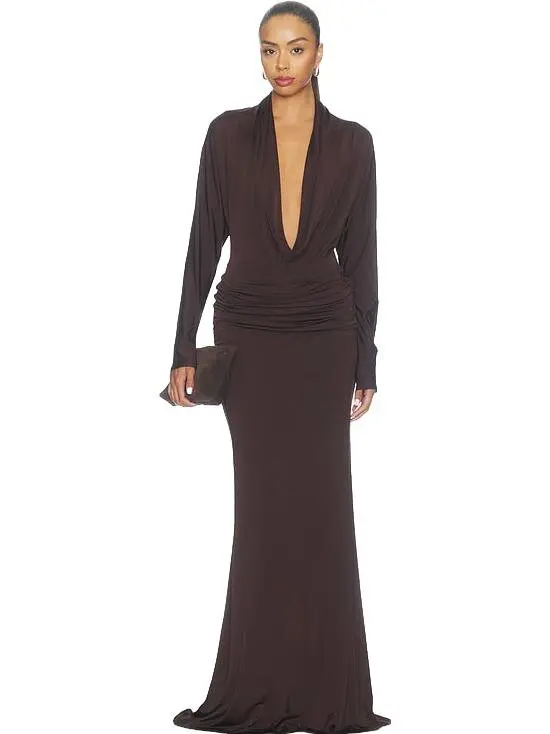 Lapointe Printed Jersey Dolman Cowl Neck Gown - Chocolate