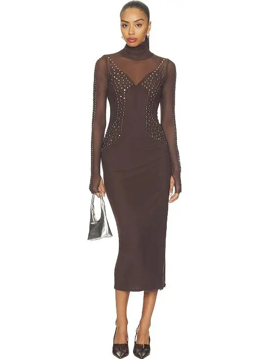 AFRM Shailene Studded Mesh Dress In Chocolate - Espresso