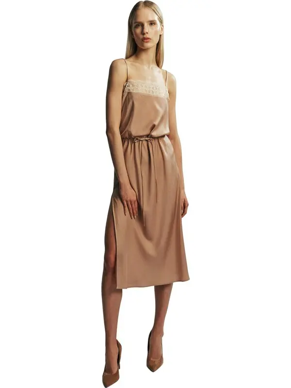 Bardot Olina Lace Satin Midi Dress - Soft Camel