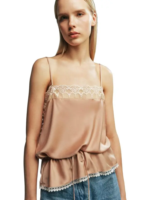 Bardot Bonita Satin Lace Trim Top - Soft Camel