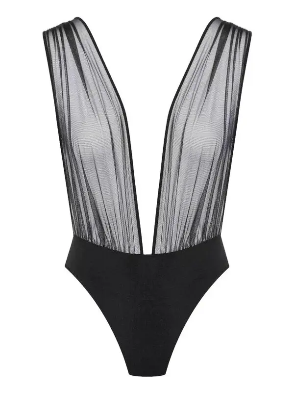 SCANDALE Nuit Fauve Pleated Tulle Bodysuit - Black