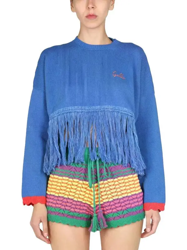 GALLO Fringe-trimmed Logo-embroidered Sweater - Blue