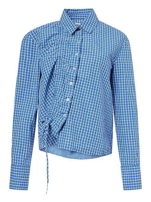 DAMSON MADDER Talia Checked Ruched Cotton Shirt - Blue