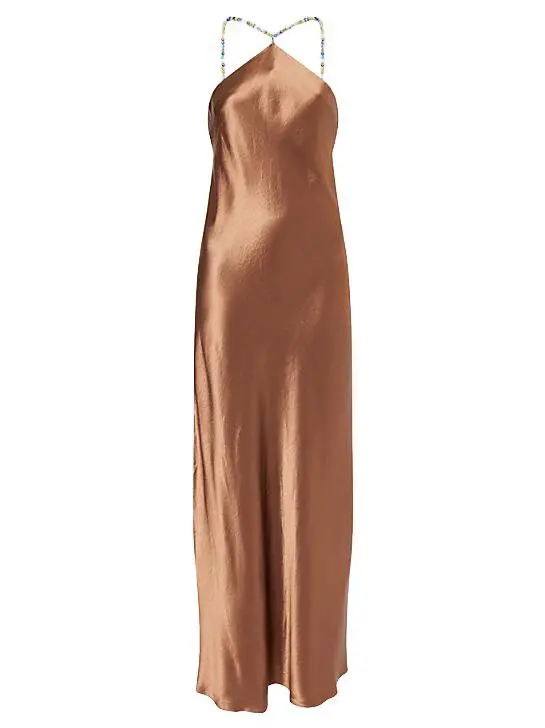 Staud Cadence Pearl-strap Halter Satin Maxi Dress - Cigar