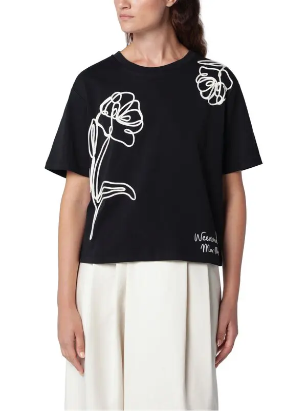 Max Mara T-shirt In Cotton With Floral Embroidery - Black