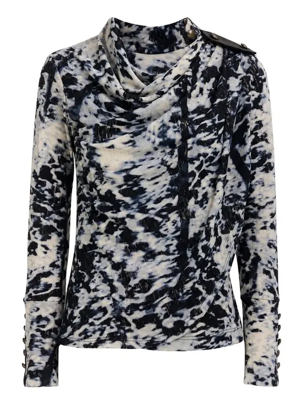 JULIA ALLERT Neutrals Tie-dye Draped Cowl Neck Knit Top – Ivory & Navy - Blue