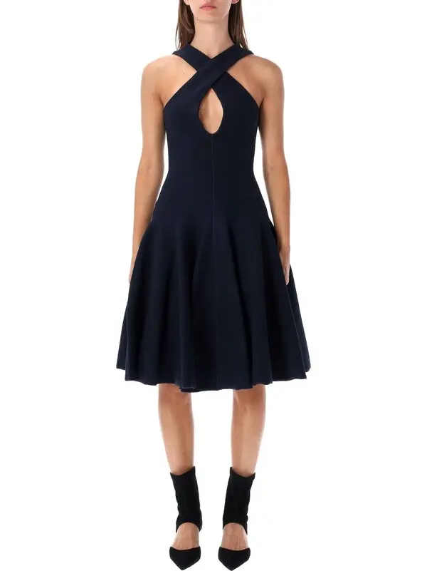Alaïa Style Compact Knit Keyhole Crossover Mini Dress, Sleeveless Fitted-flared - Minuit