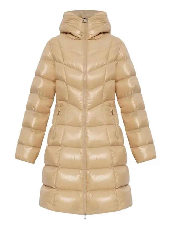 Moncler Nylon-lacquer Lined Down Jacket With Hood, Slim Fit & Zip Pockets - Beige