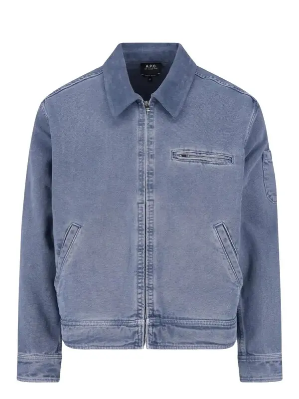 A.p.c. 100% Cotton Denim Jacket With Classic Collar And Embroidered Logo - Blu