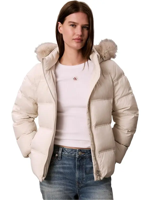 Calvin Klein Matte Belted Short Puffer Jacket - Chalk