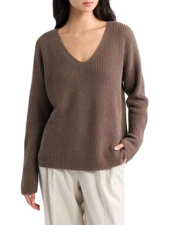 Eileen Fisher V-neck Organic Cotton & Tencel Lyocell Sweater - Cobblestone
