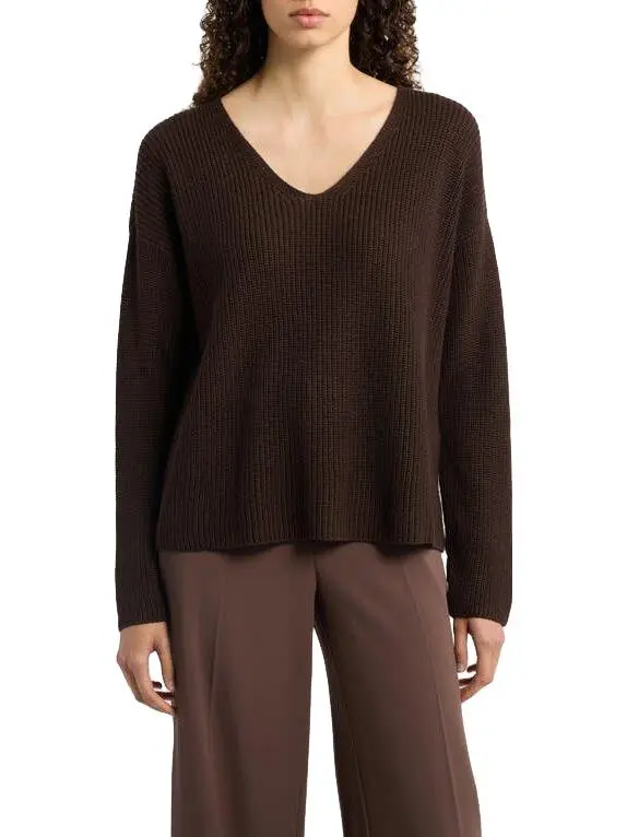 Eileen Fisher V-neck Organic Cotton & Tencel Lyocell Sweater - Coffee