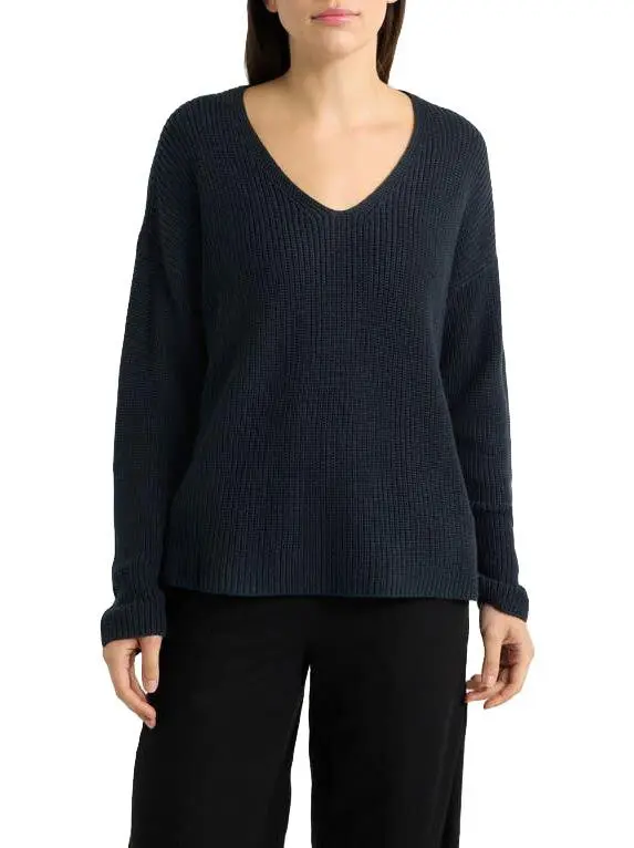 Eileen Fisher V-neck Organic Cotton & Tencel Lyocell Sweater - Maritime