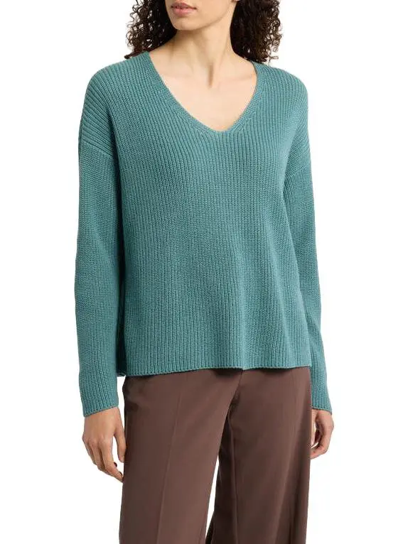 Eileen Fisher V-neck Organic Cotton & Tencel Lyocell Sweater - Opal
